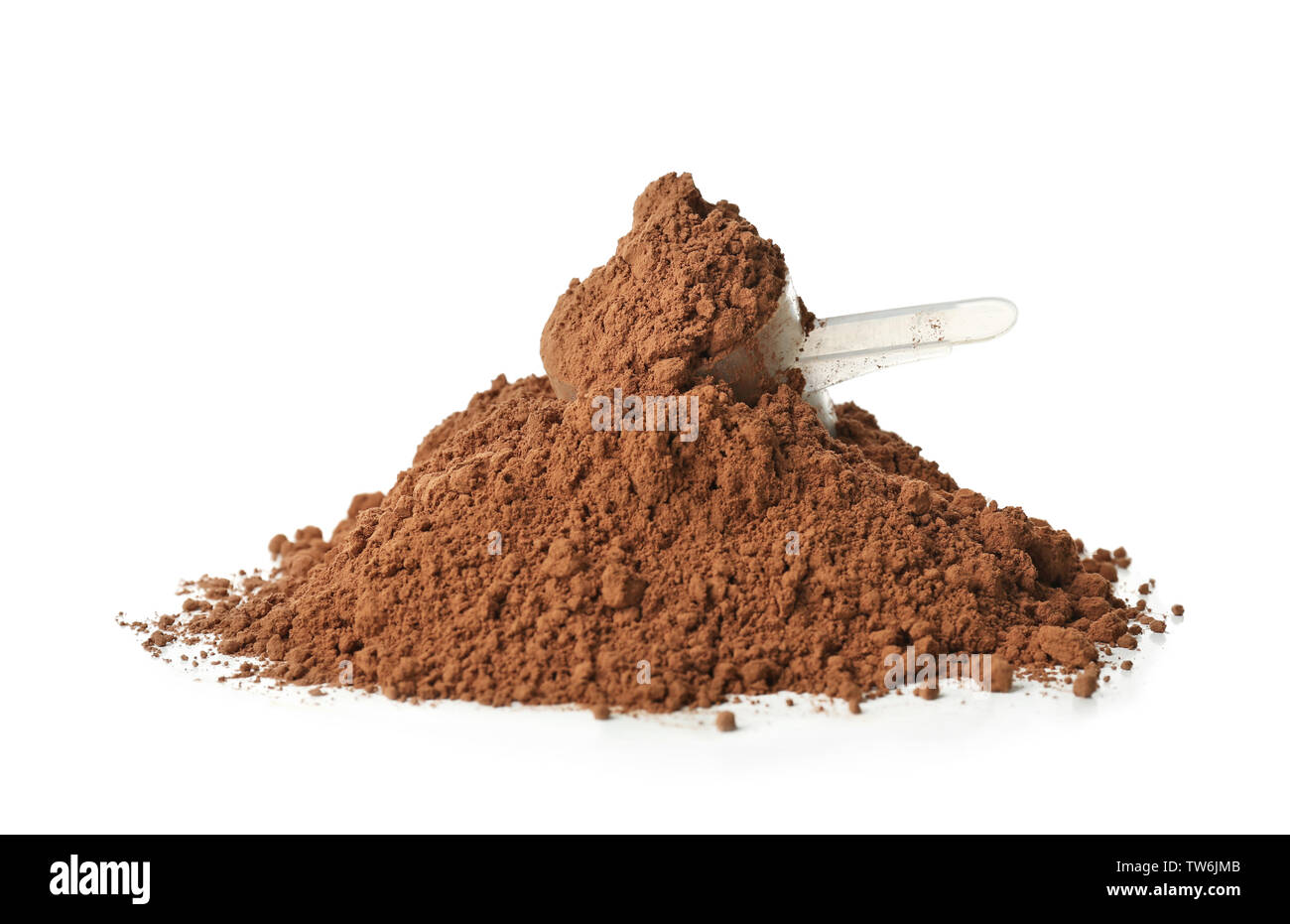 Protein powder and scoop on white background Stock Photo - Alamy