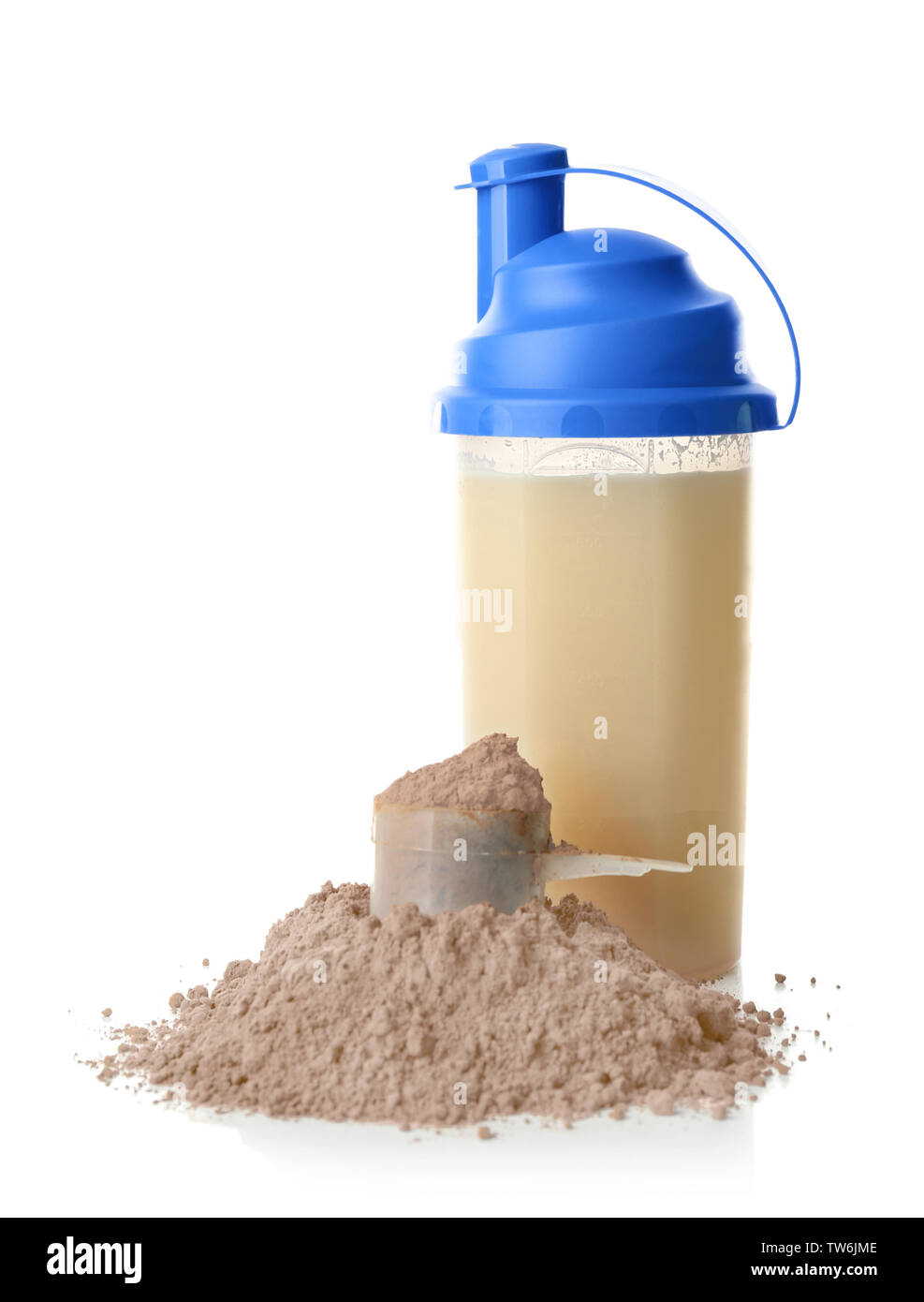 Bottle with protein shake and powder on white background Stock Photo ...