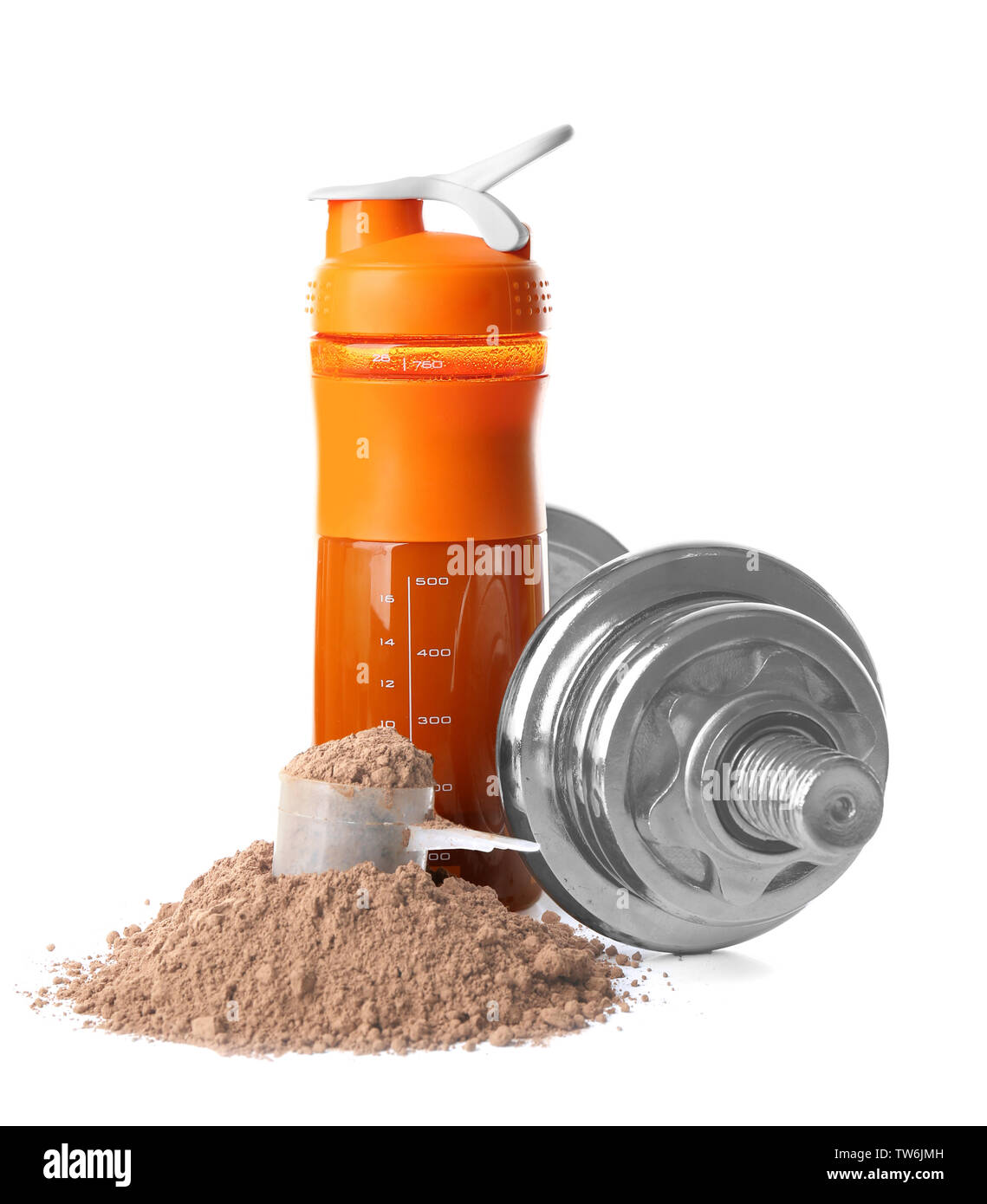 Bottle with protein shake, powder and dumbbell on white background ...