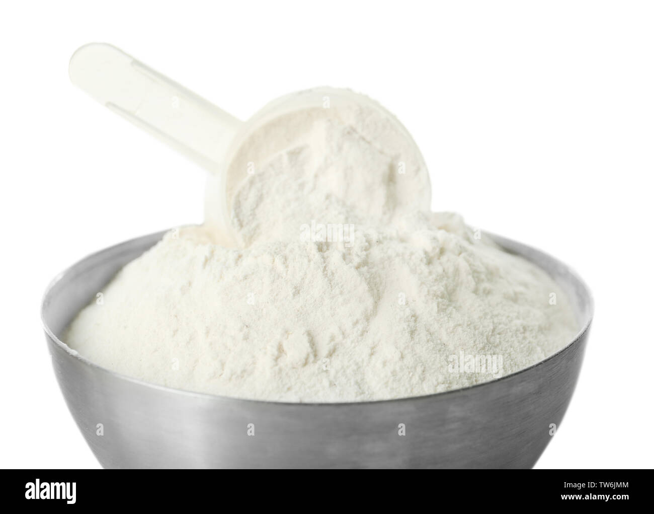Bowl of protein powder and scoop on white background Stock Photo - Alamy