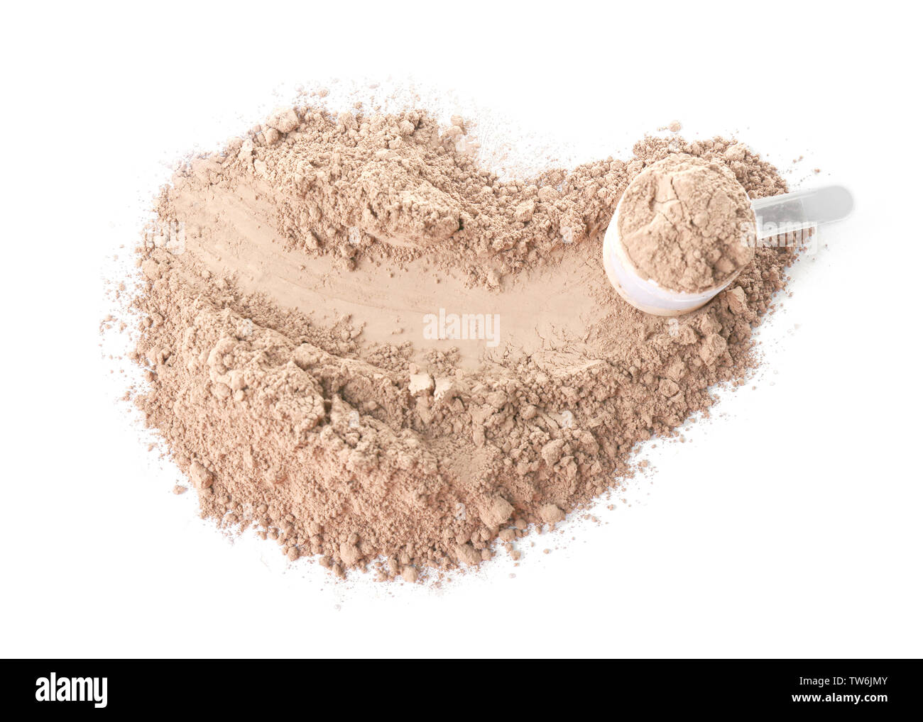 Protein powder and scoop on white background Stock Photo - Alamy