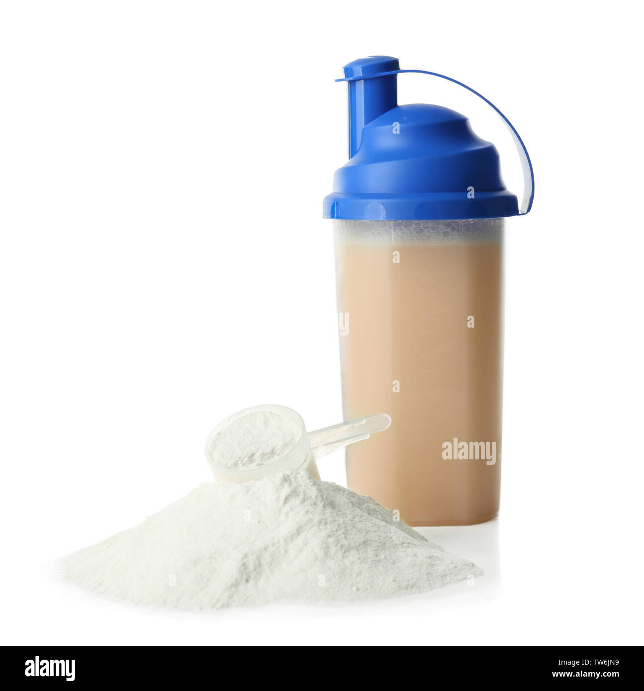 Bottle with protein shake and powder on white background Stock Photo ...