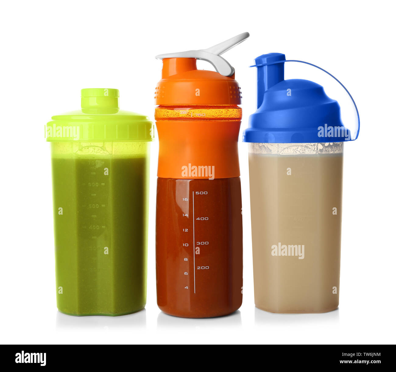 Bottles with protein shake on white background Stock Photo - Alamy