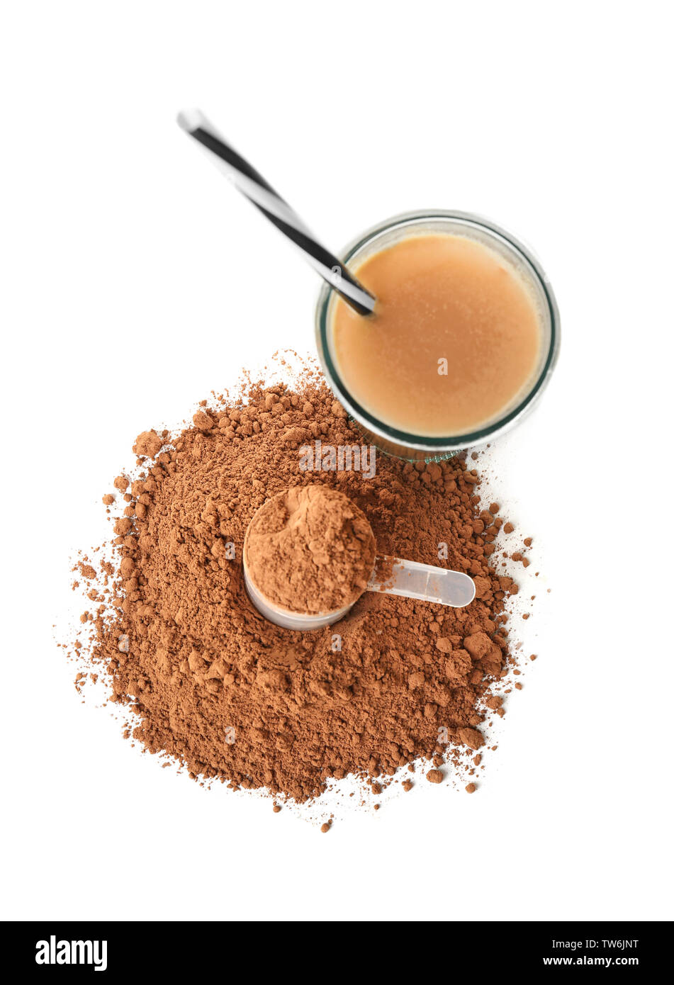Glass with protein shake and powder on white background Stock Photo - Alamy