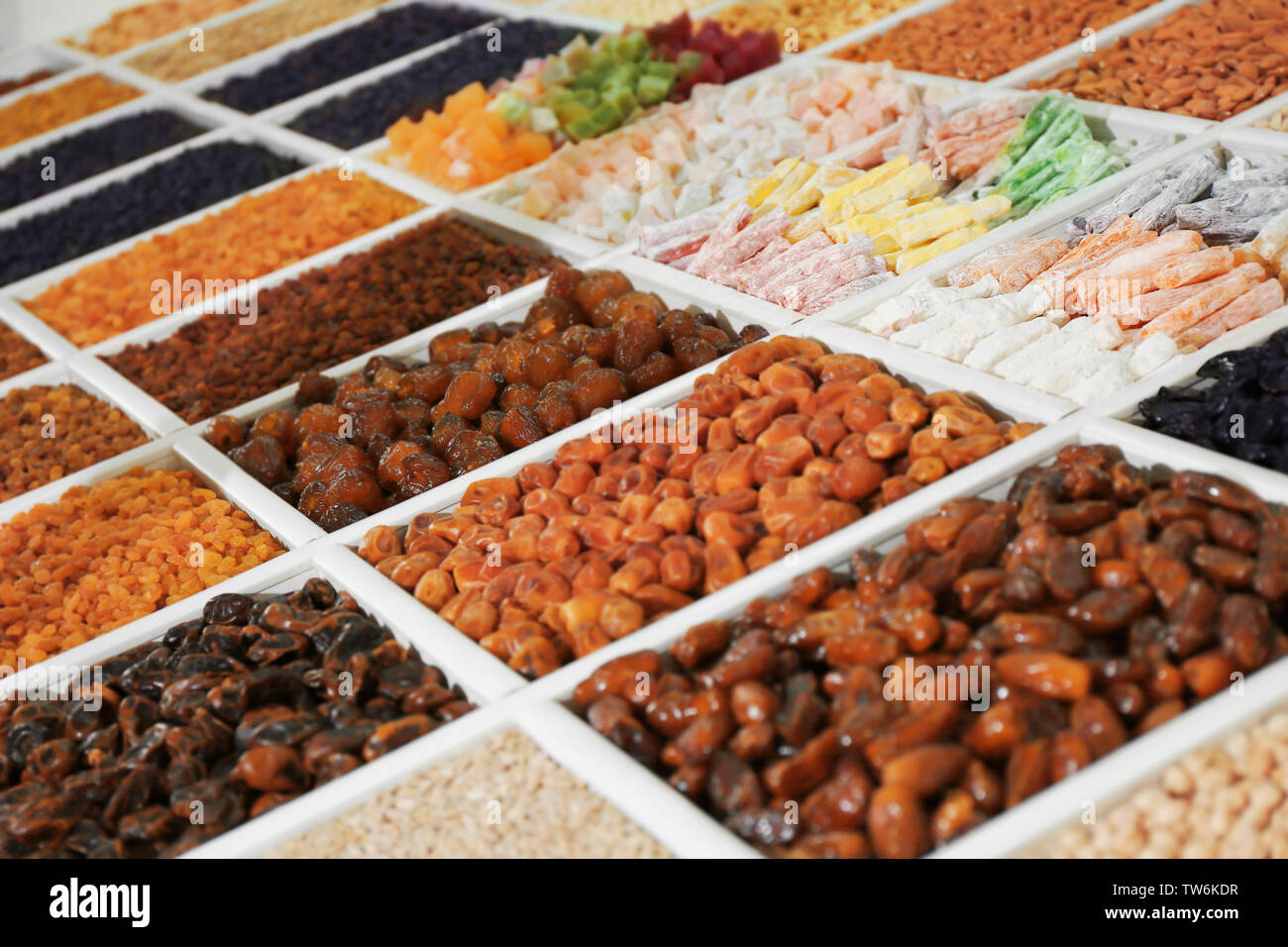 Display with different foodstuff at market Stock Photo - Alamy