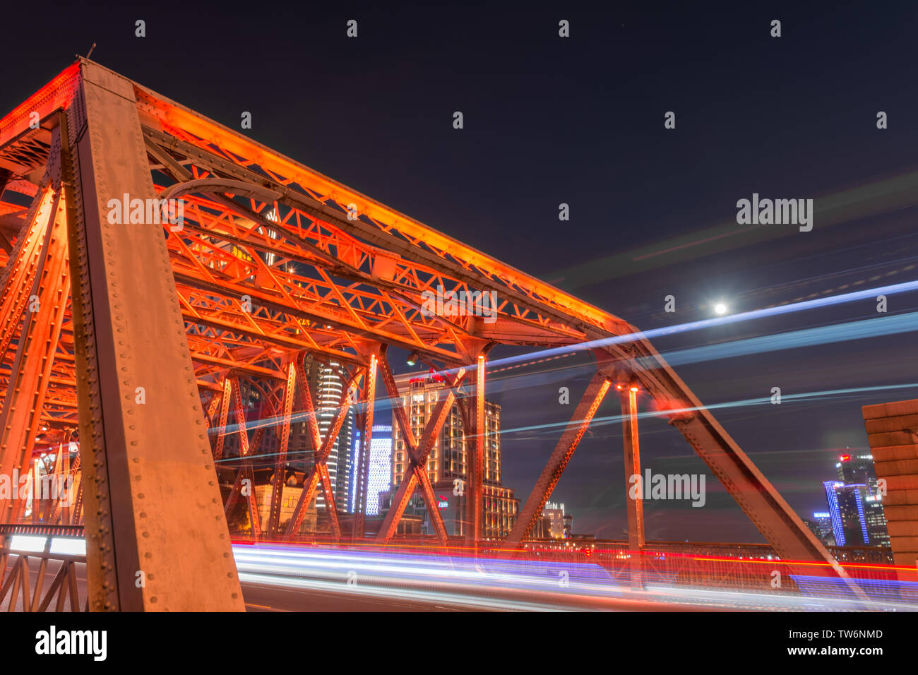 Night view of the lights and tracks of the Waibai Ferry Bridge Stock ...