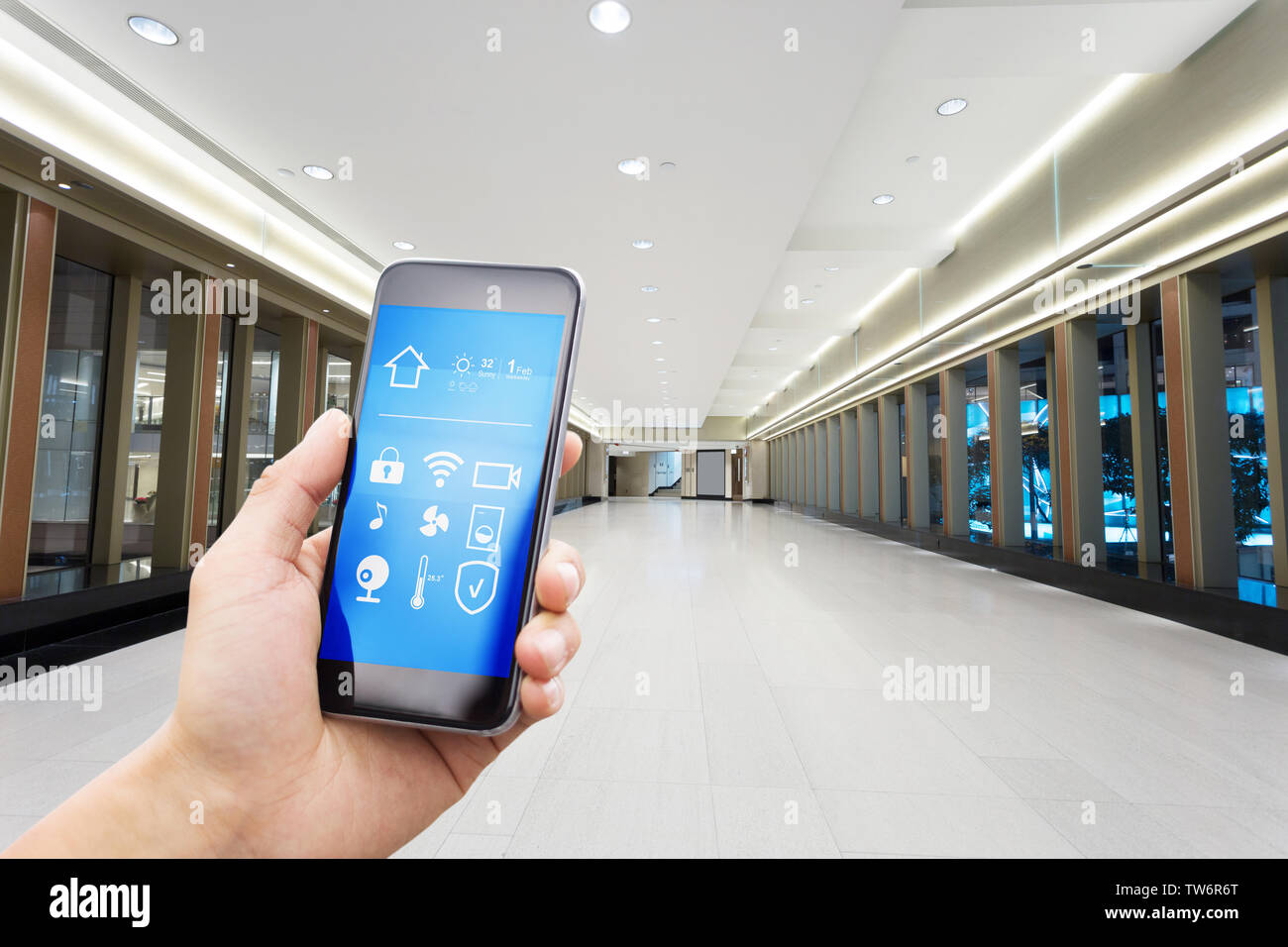 smart phone with smart home with modern corridor Stock Photo - Alamy