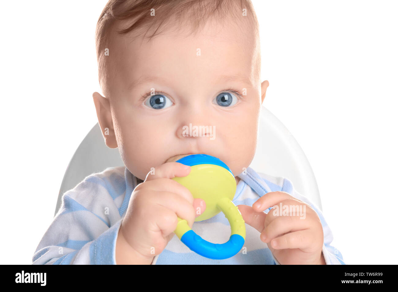 Cute little baby with nibbler on white background Stock Photo - Alamy