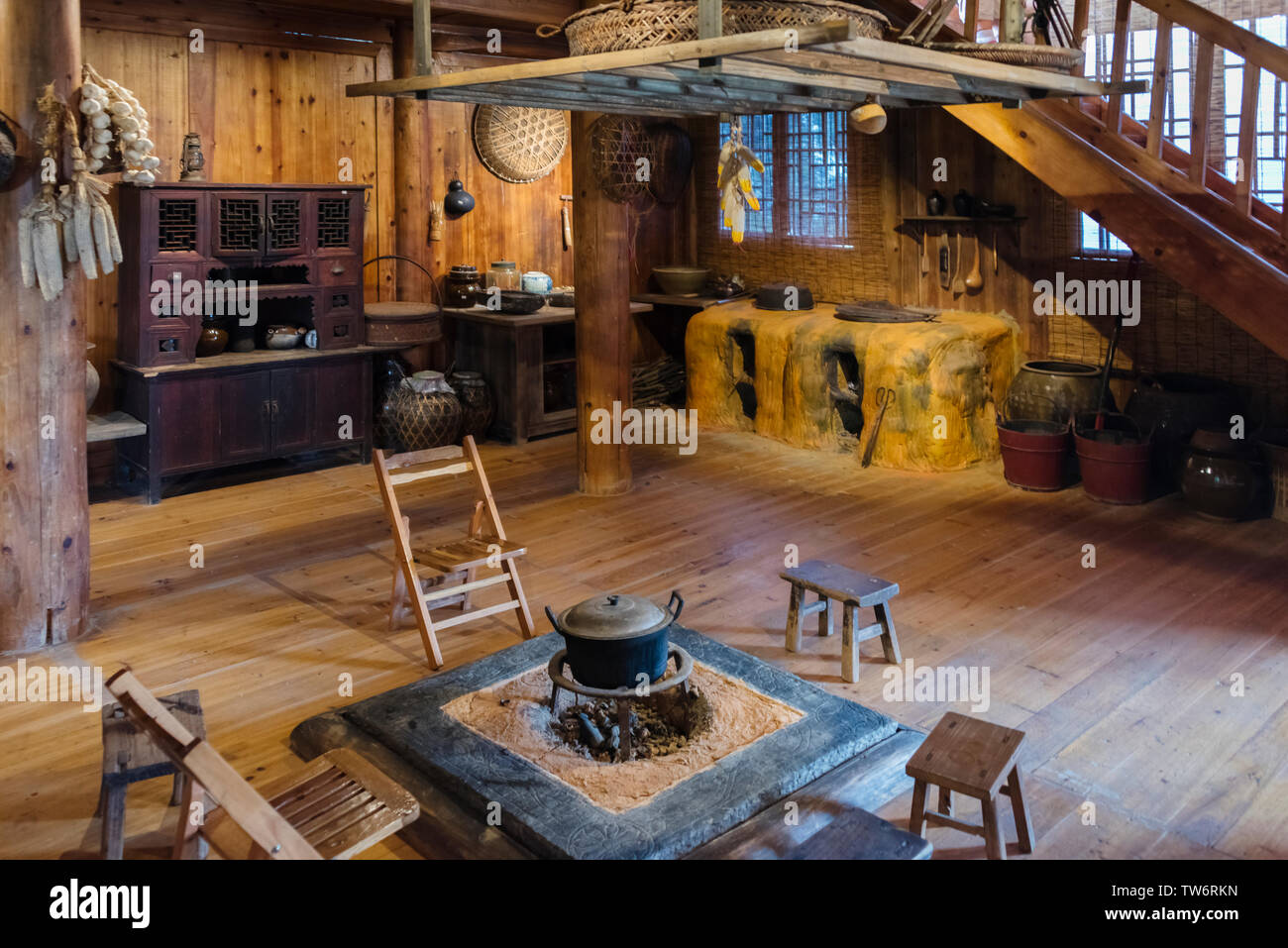 Inside Basha Miao village house, Guizhou Province, China Stock Photo ...