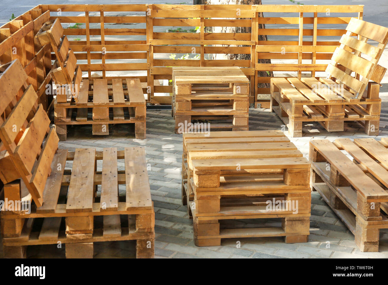 Outdoor cafe with furniture made of secondary raw materials Stock Photo ...