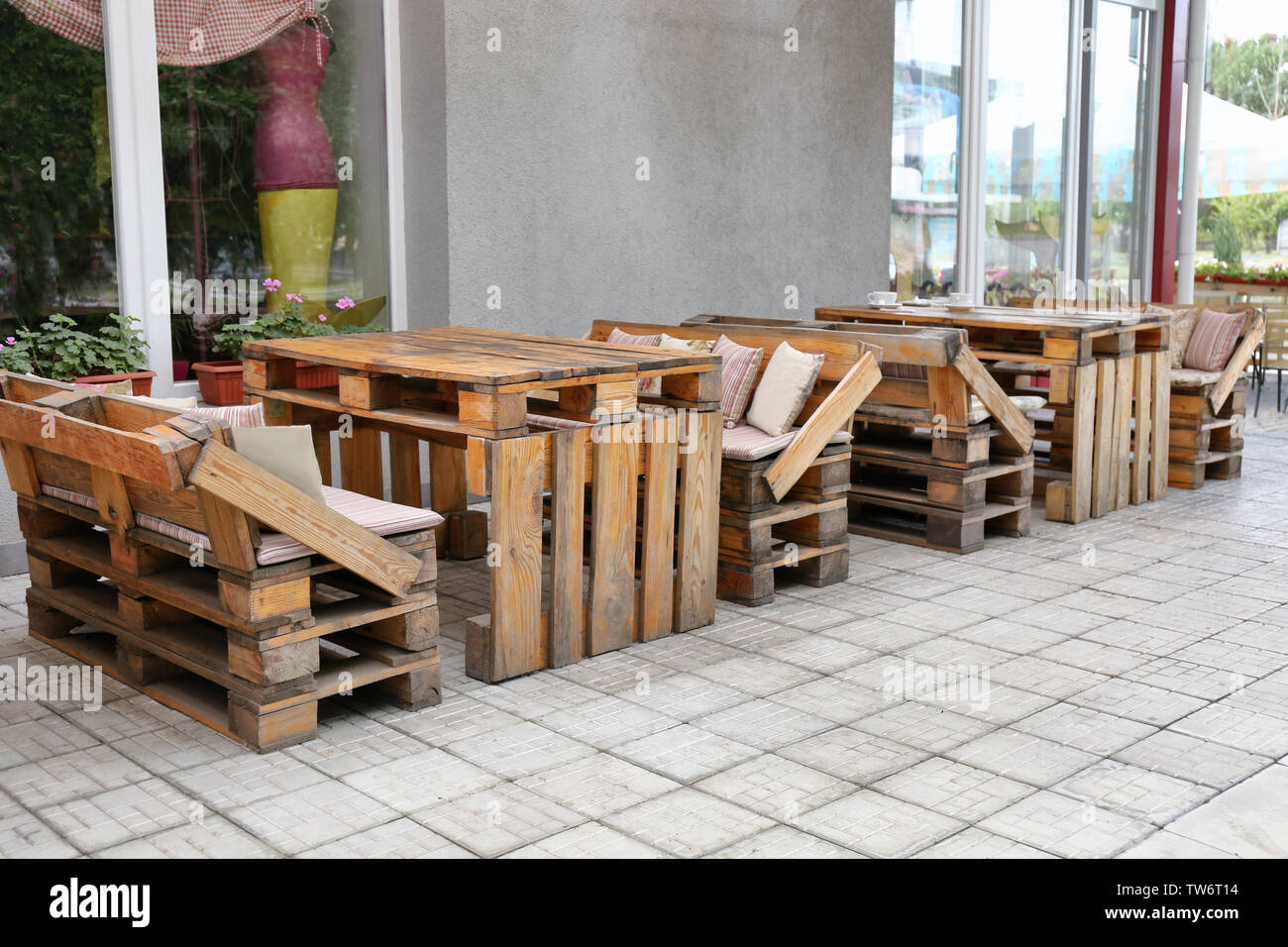 Outdoor cafe with furniture made of secondary raw materials Stock Photo ...