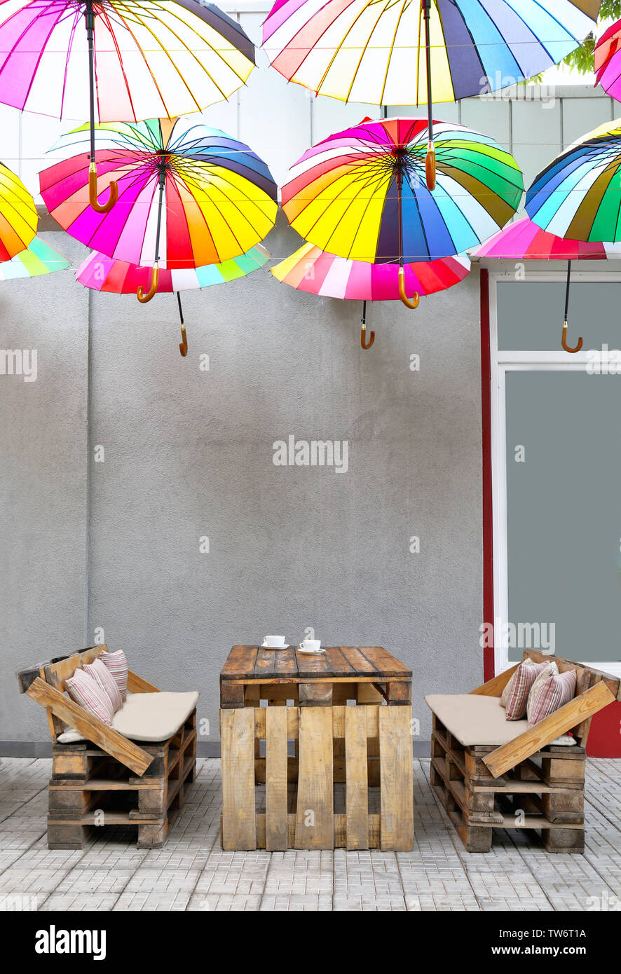 Outdoor cafe with furniture made of secondary raw materials Stock Photo ...