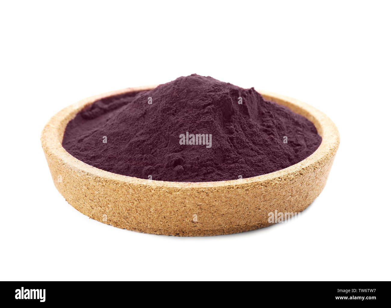 Acai powder in cork bowl, isolated on white Stock Photo - Alamy