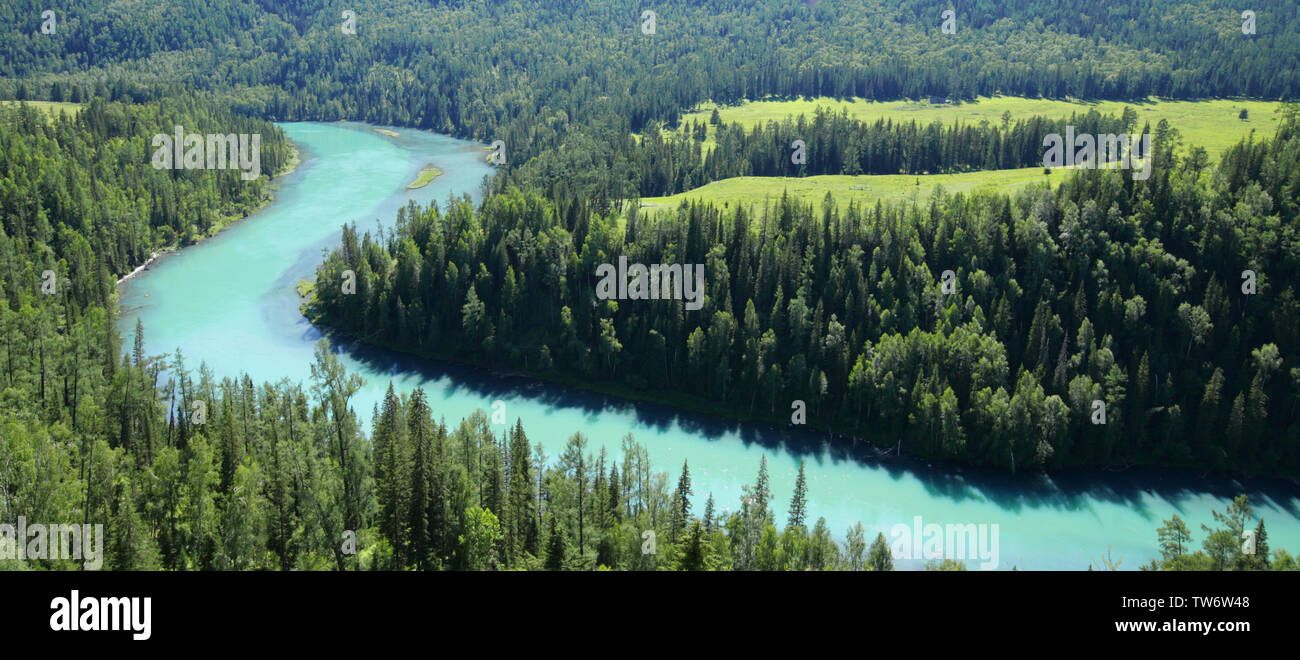 Landscape of green grassland of Kanas River in Kanas Lake, Altai ...
