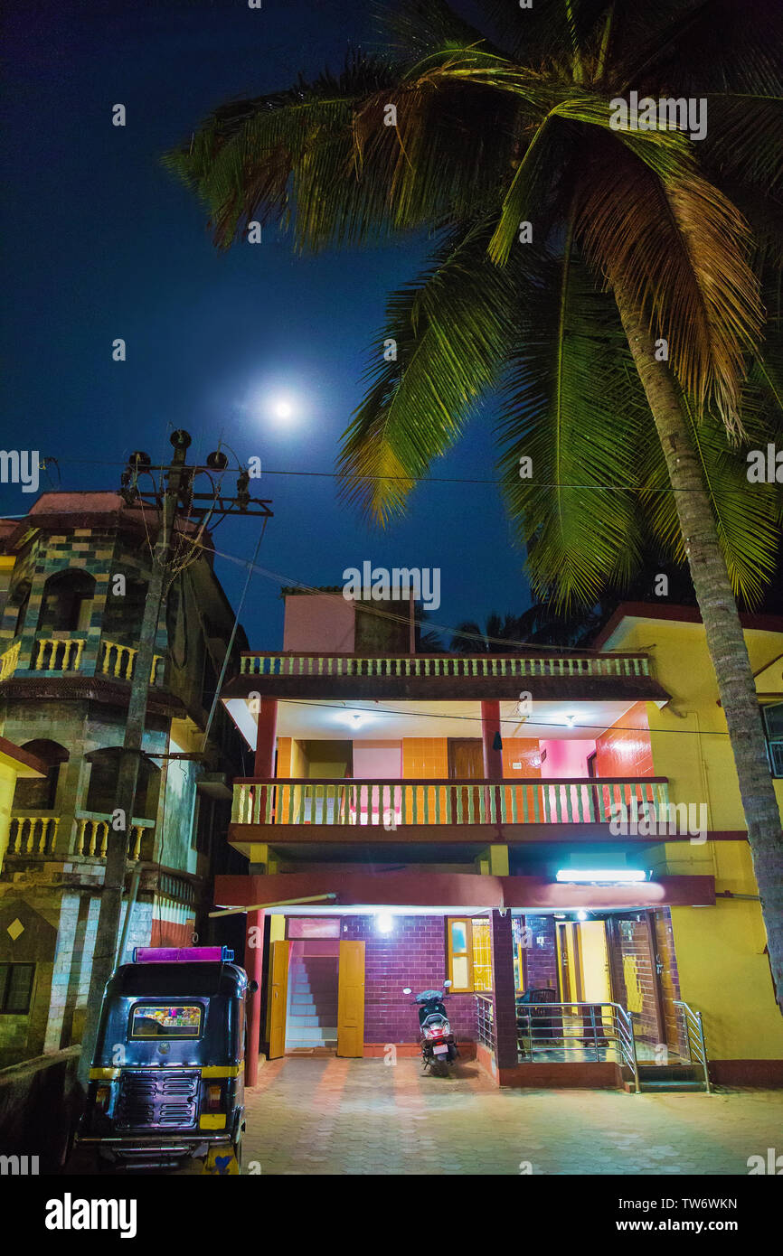 Night . House in South India. Color house Neatr Palm Stock Photo - Alamy