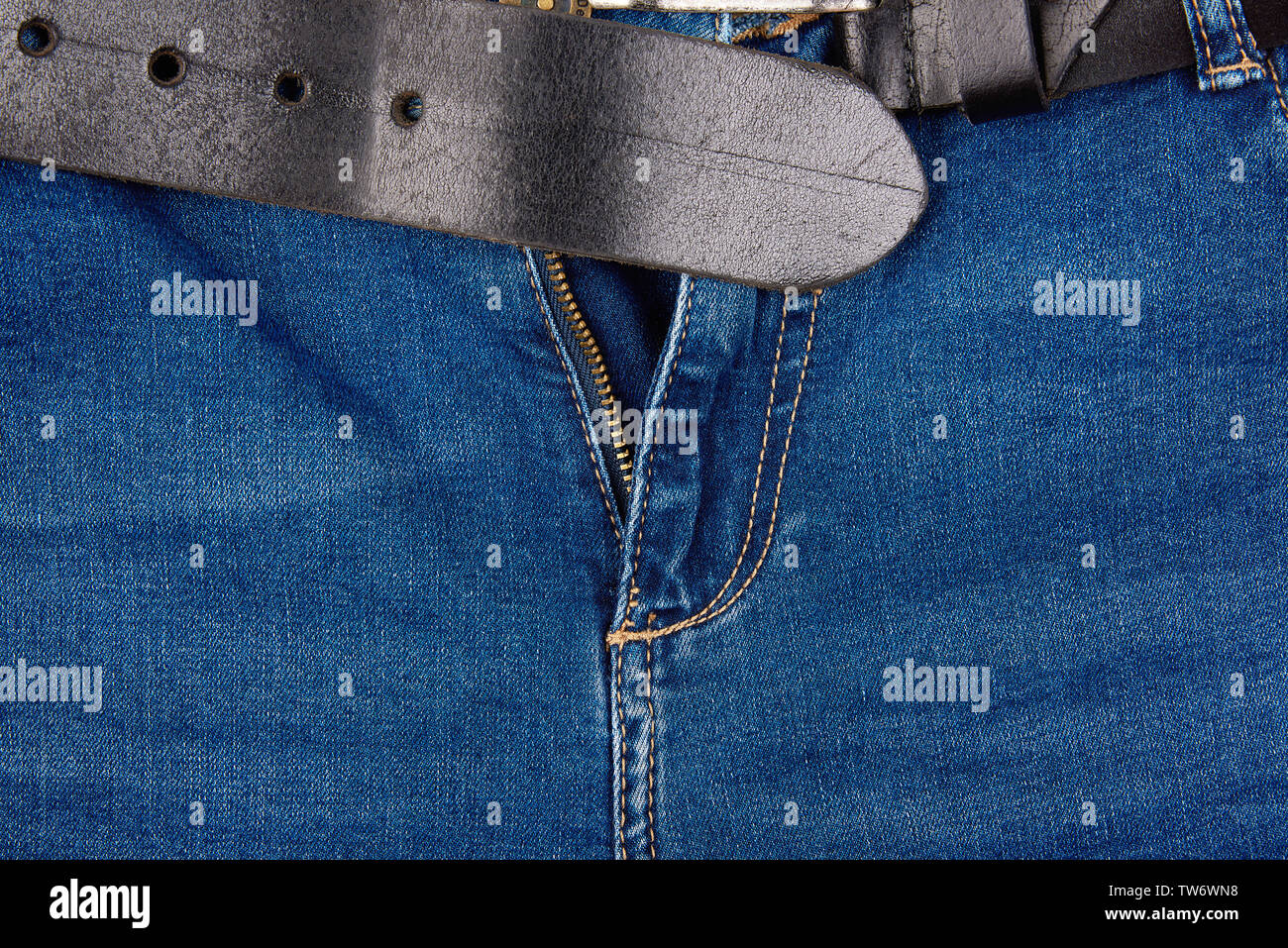 open fly in blue jeans and a black leather belt, full frame Stock Photo ...