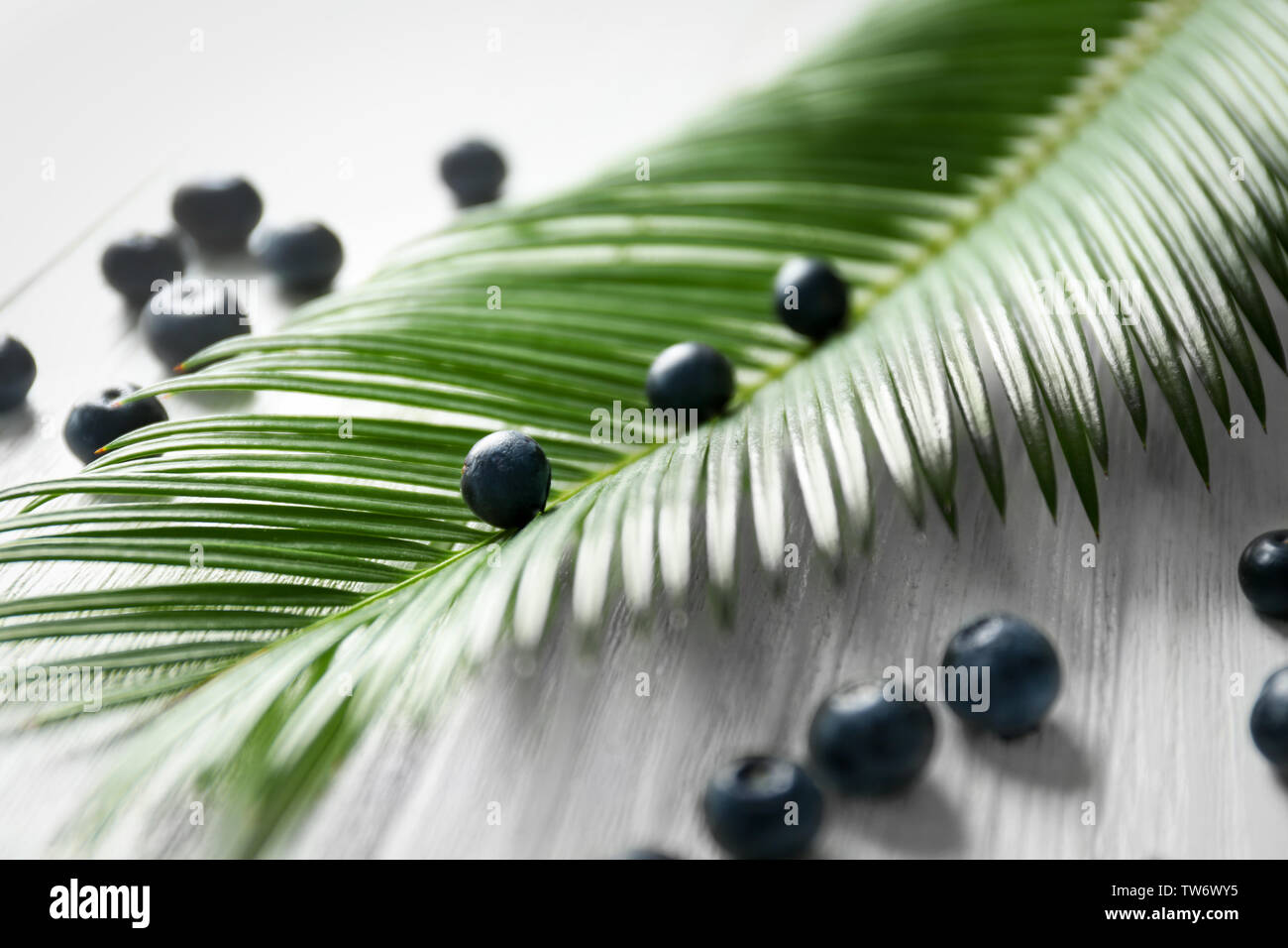 Fresh acai berries and palm leaf on wooden table, closeup Stock Photo ...