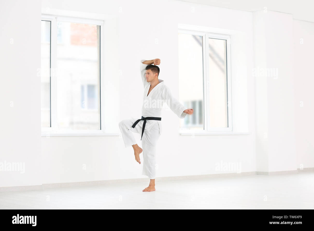 Male karate instructor training in dojo Stock Photo - Alamy