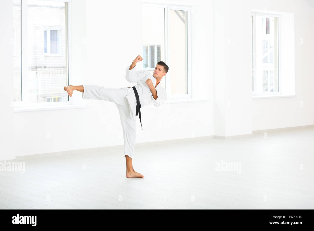 Male karate instructor training in dojo Stock Photo - Alamy