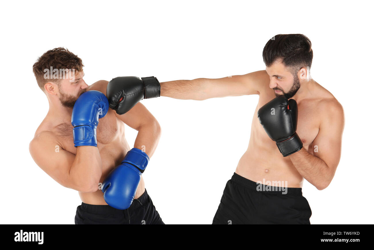 Male boxers fighting on white background Stock Photo - Alamy