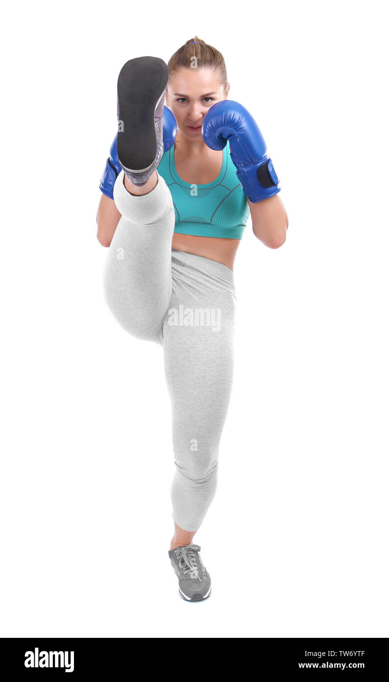 Female kickboxer on white background Stock Photo - Alamy