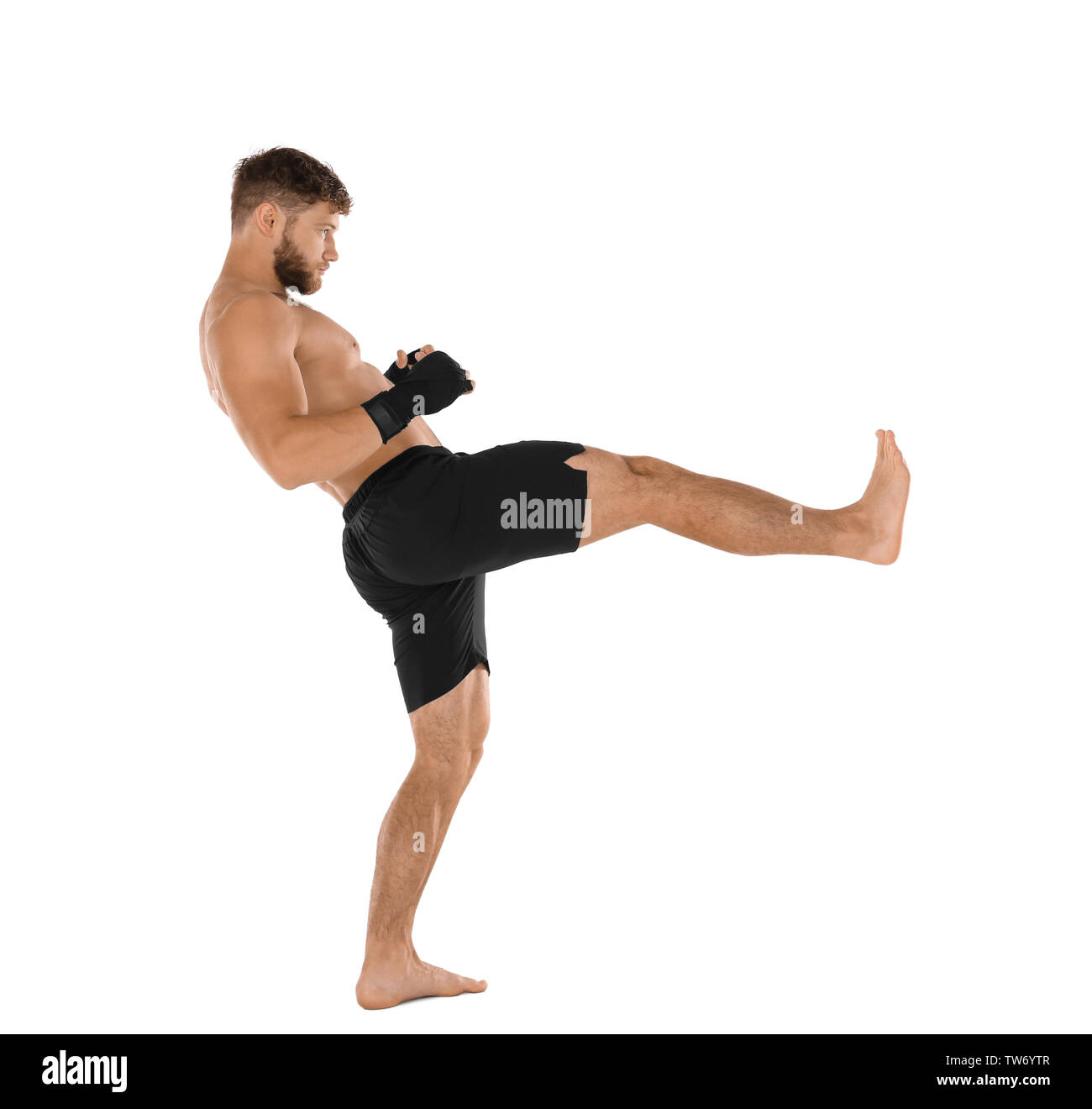 Male kickboxer on white background Stock Photo - Alamy