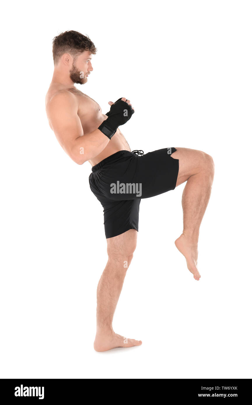 Male kickboxer on white background Stock Photo - Alamy