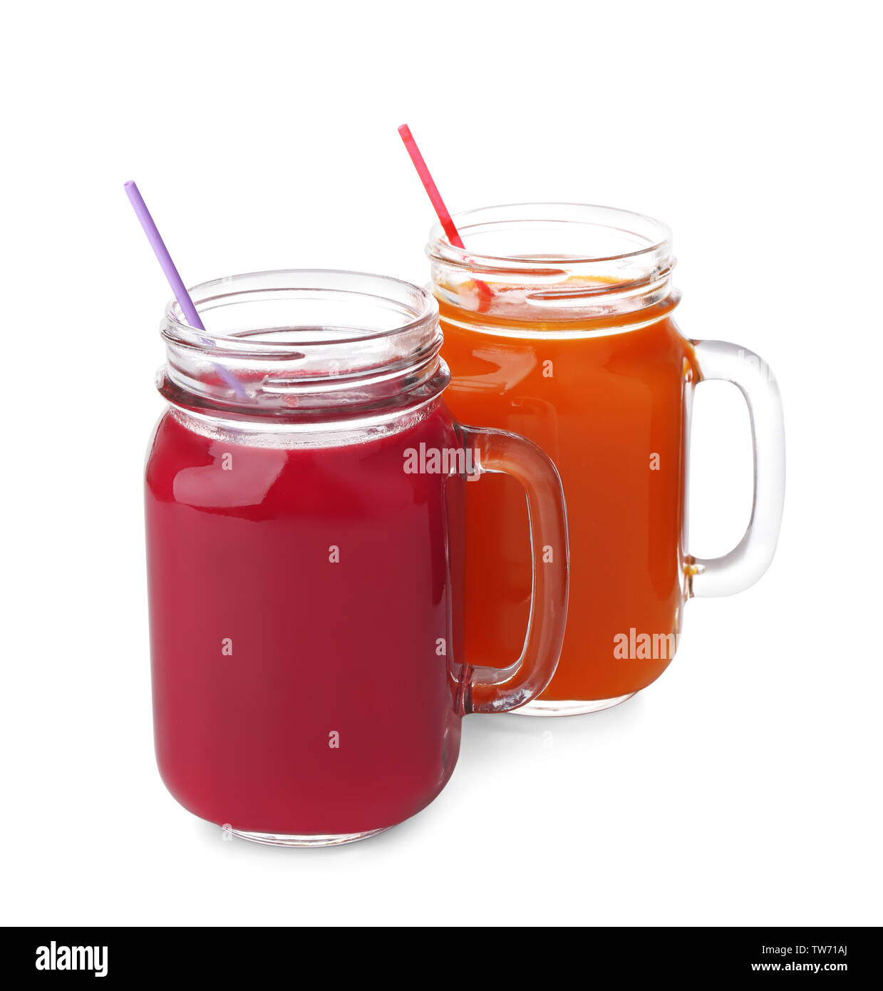 Mason jars with various fresh juices on white background Stock Photo ...