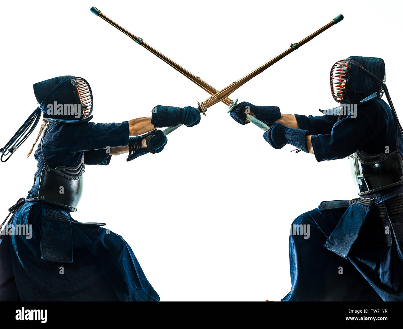 two Kendo martial arts fighters combat fighting in silhouette isolated ...