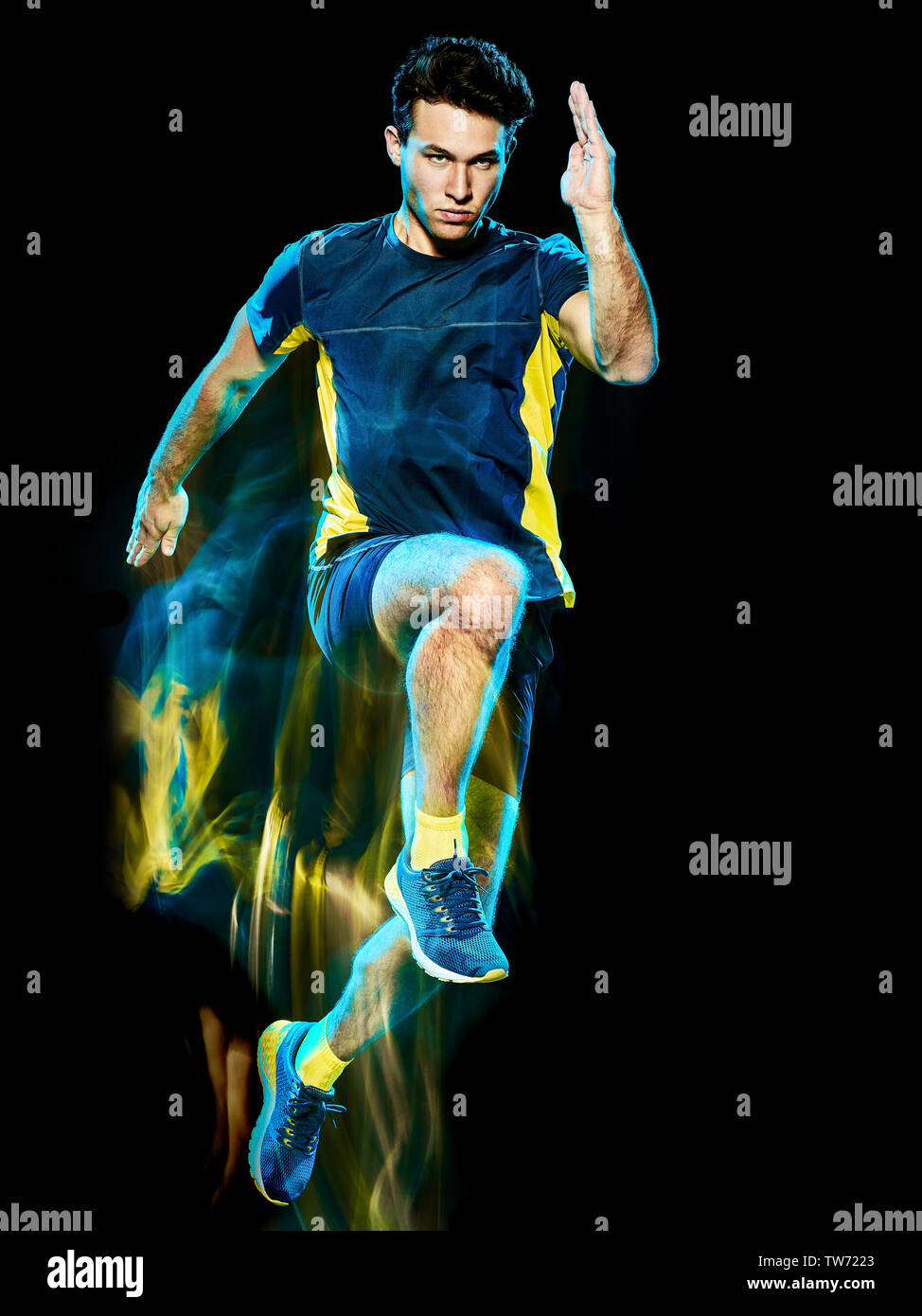 one caucasian runner running jogger jogging man light painting speed ...