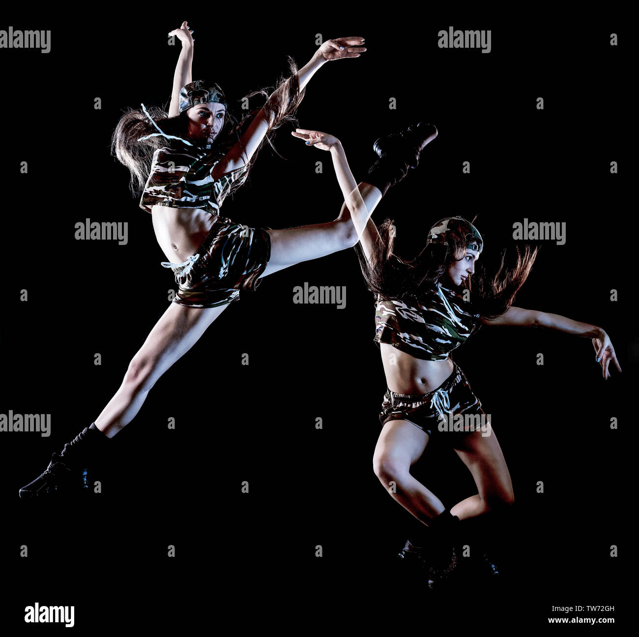 one caucasian young woman modern dancer dancing isolated on black ...