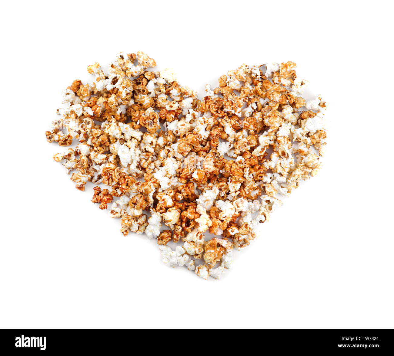 Heart made of caramel popcorn on white background Stock Photo - Alamy