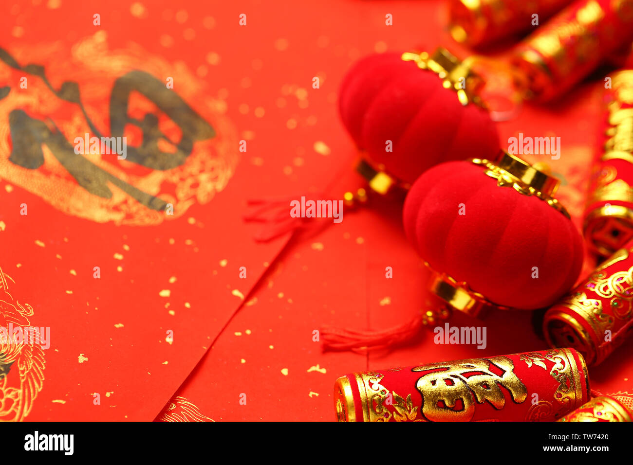Spring Festival firecrackers red lanterns Stock Photo - Alamy
