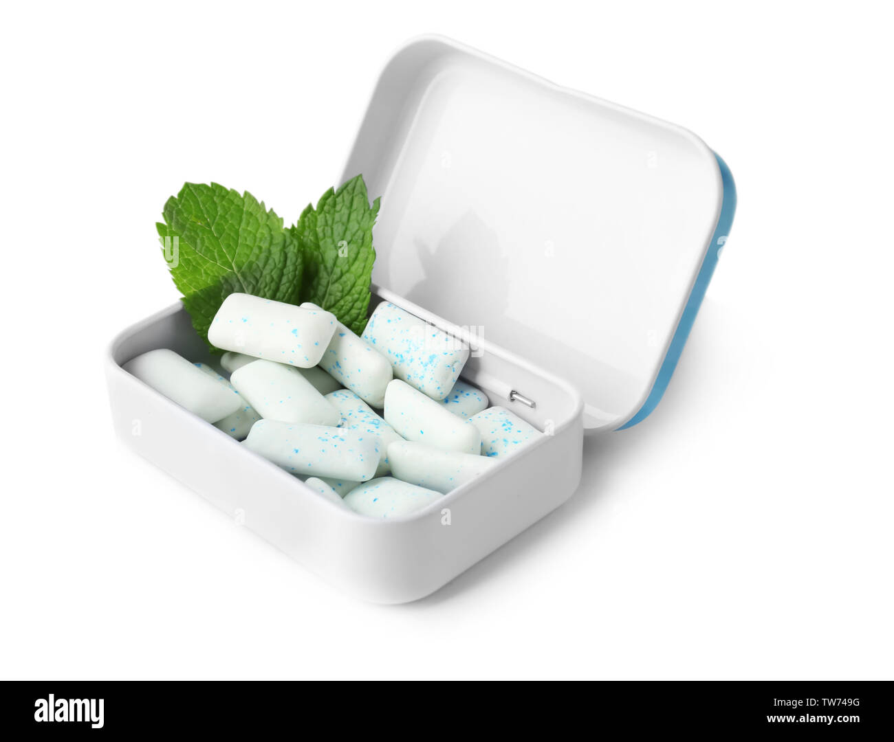 Open box with mint chewing gum on white background Stock Photo - Alamy