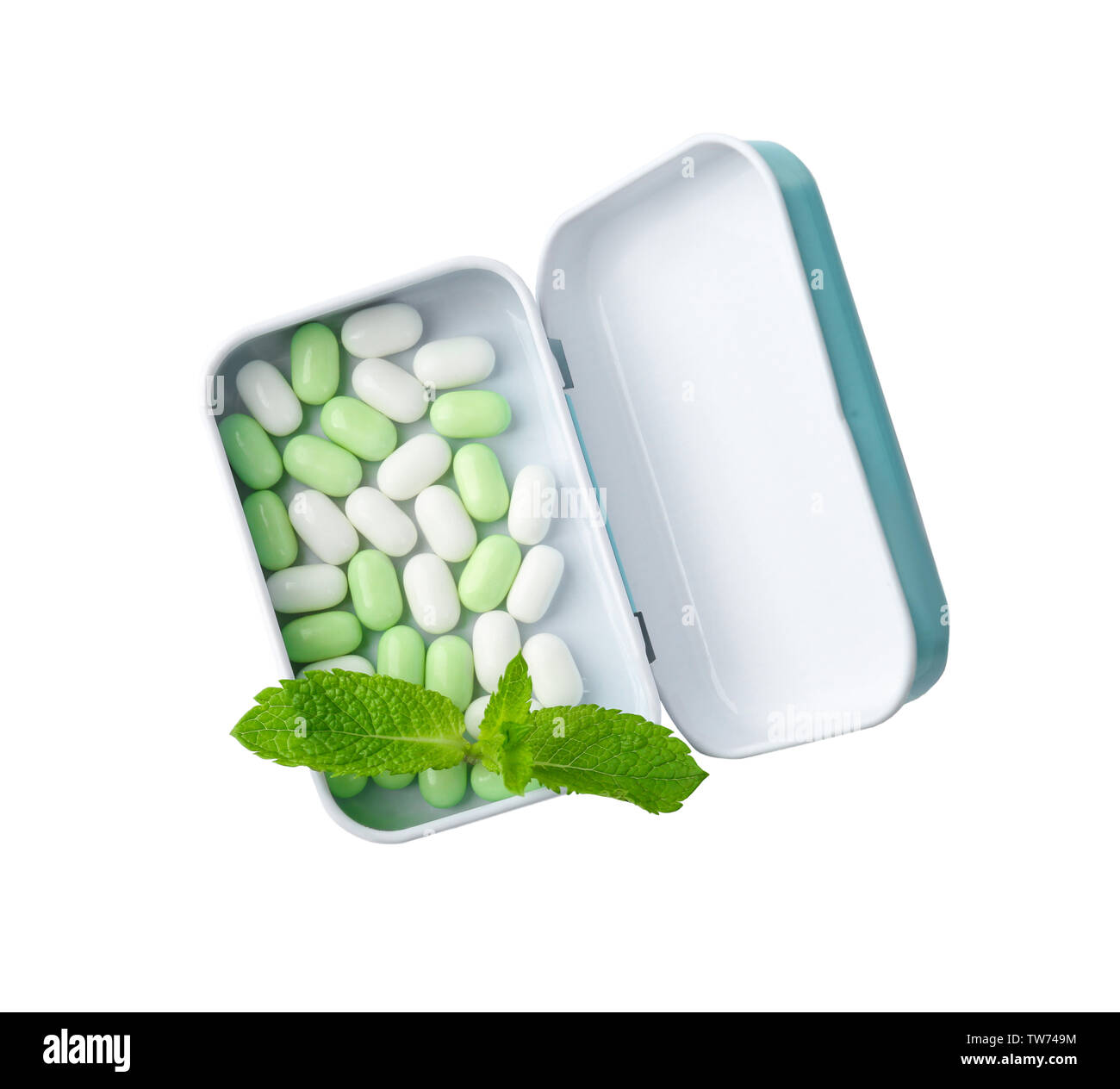 Open box with hard mint candies on white background Stock Photo - Alamy