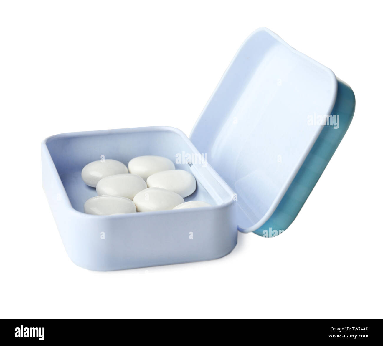 Open box with hard mint candies on white background Stock Photo - Alamy