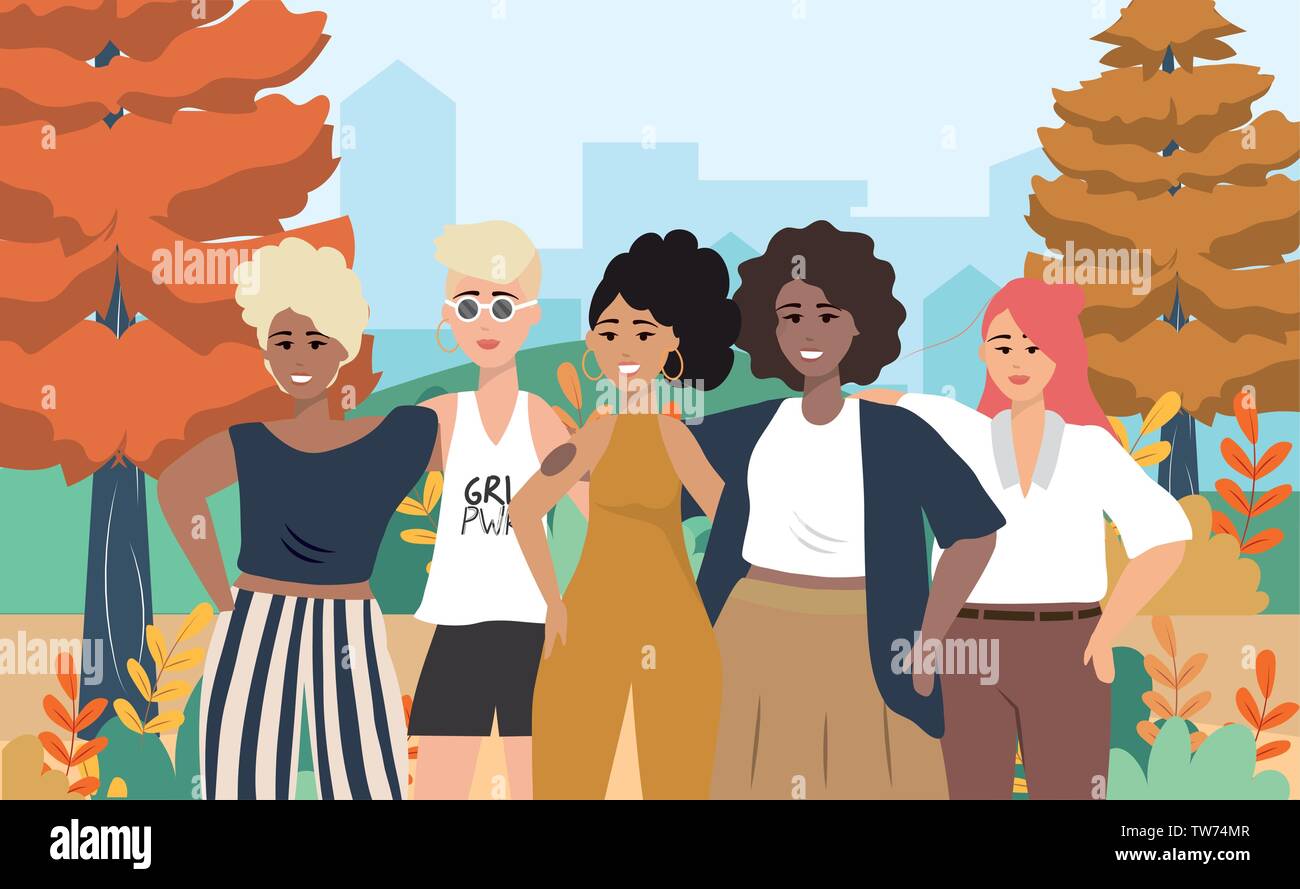 nice girls with casual clothes and hairstyle with pines trees vector ...