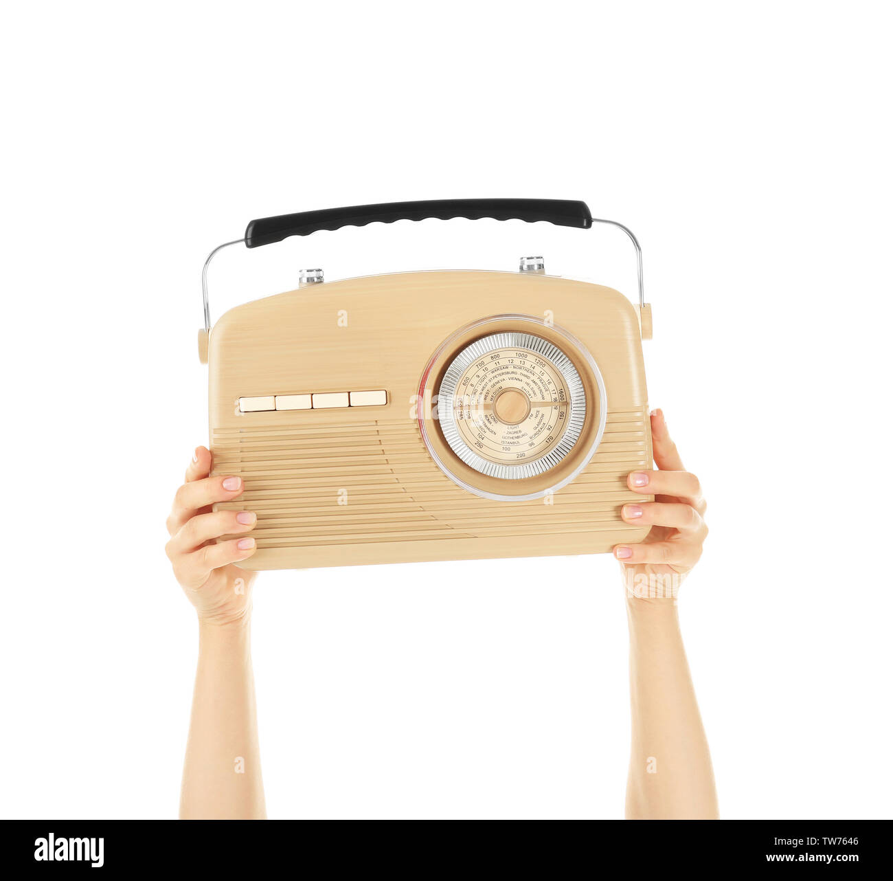 Woman holding radio on white background Stock Photo - Alamy