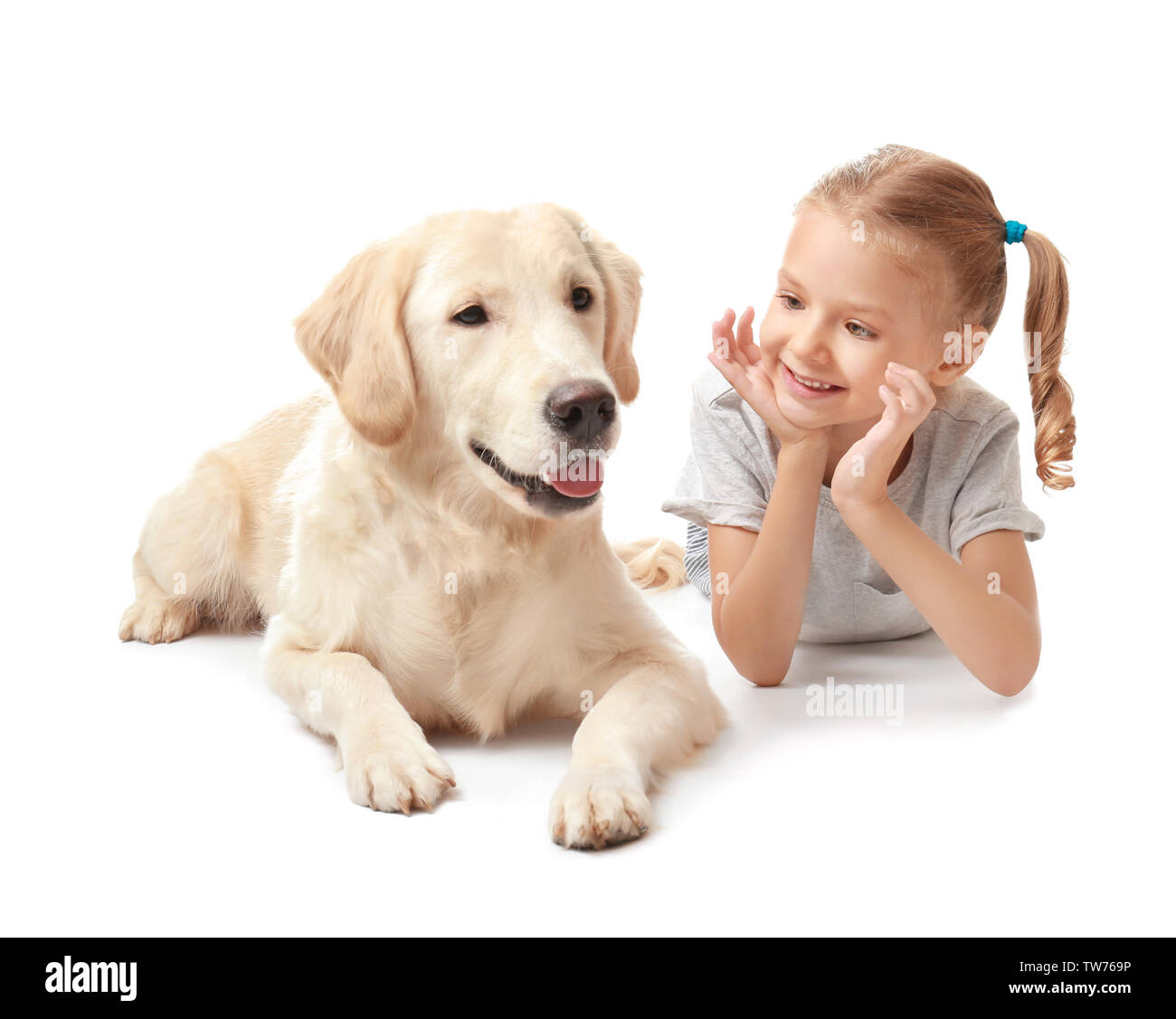 Cute little girl with dog on white background Stock Photo - Alamy