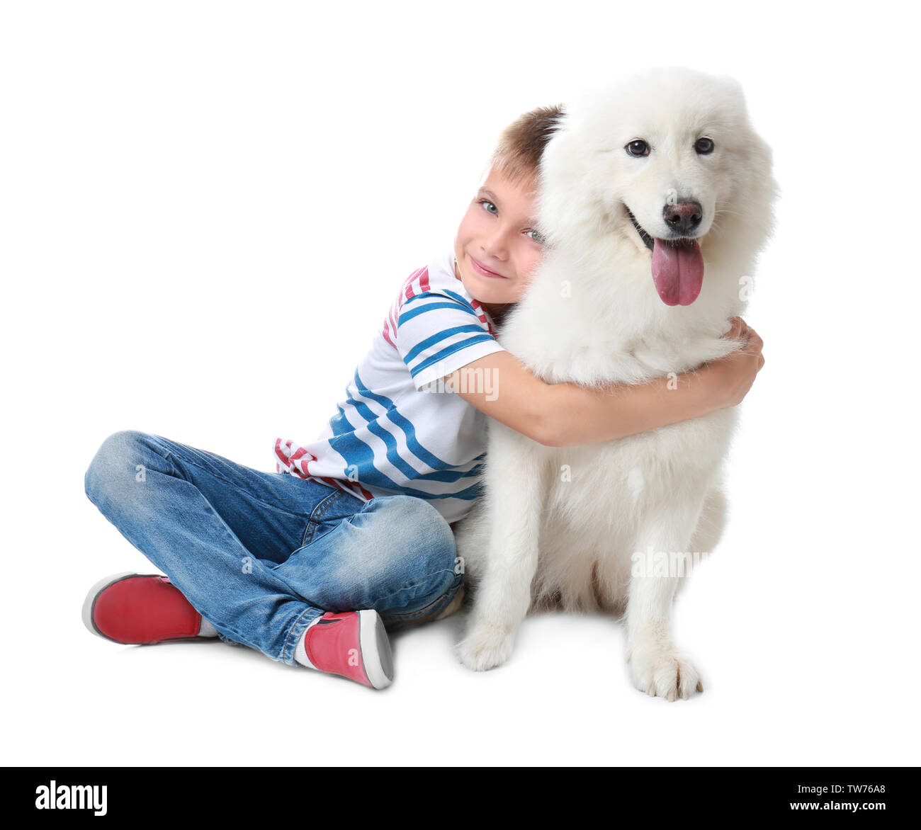 Cute little boy with dog on white background Stock Photo - Alamy