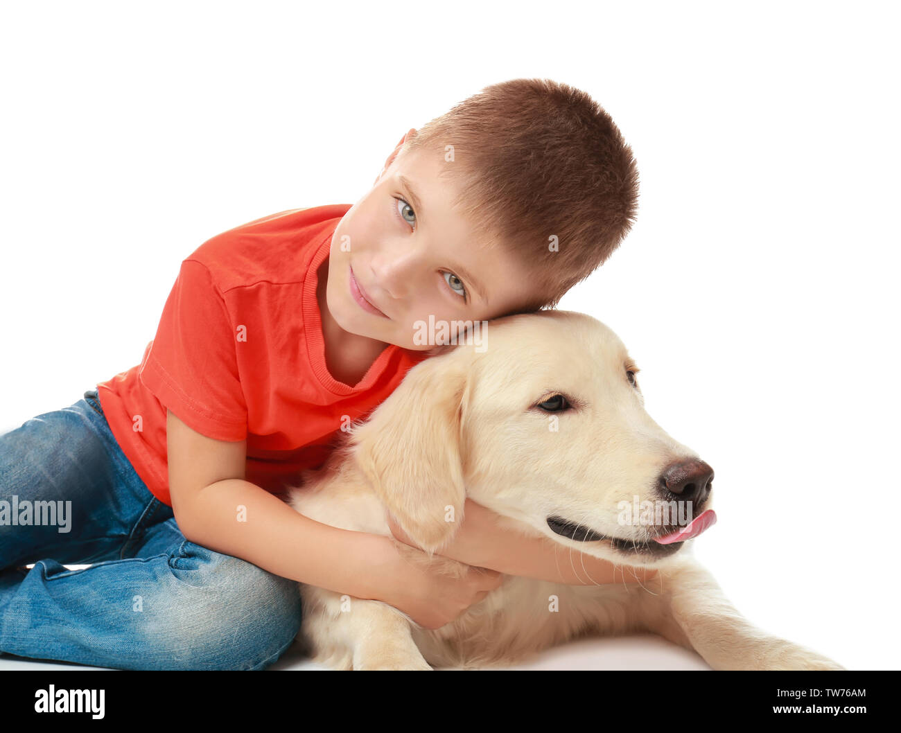 Cute little boy with dog on white background Stock Photo - Alamy