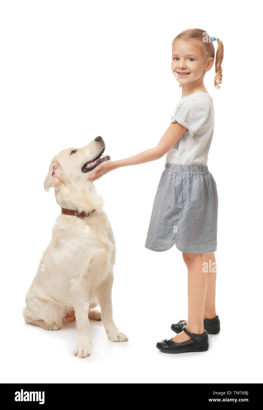 Cute little girl with dog on white background Stock Photo - Alamy