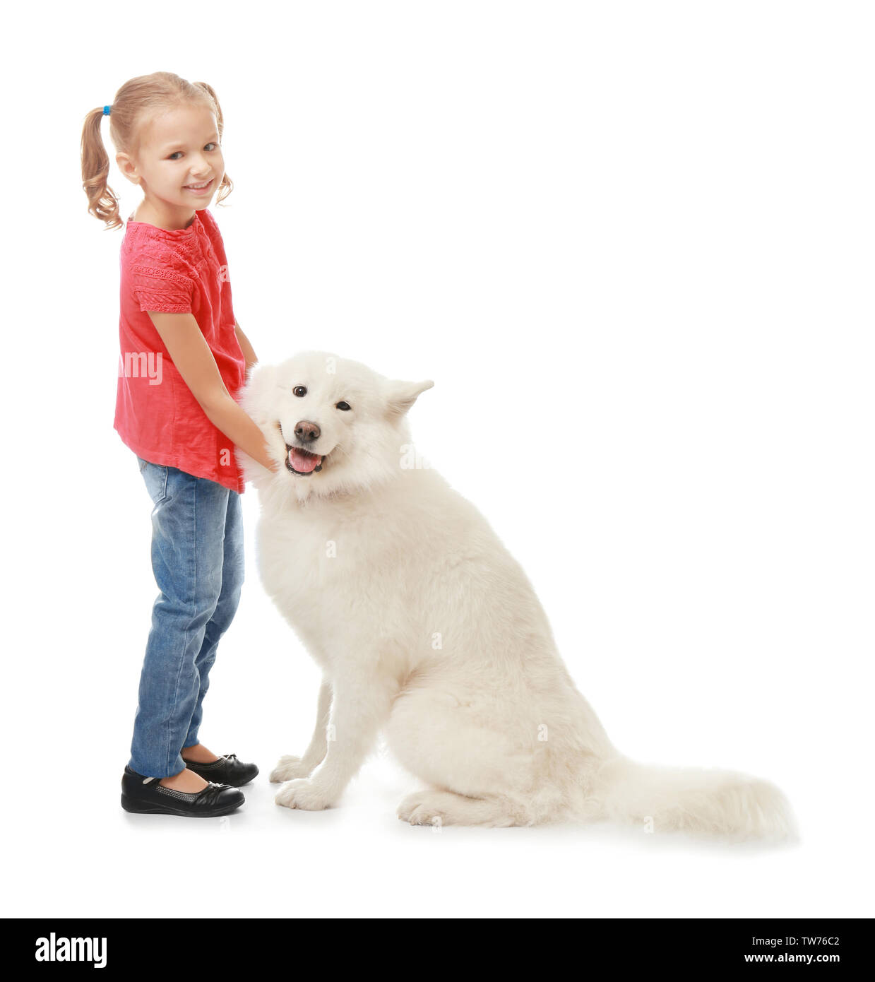 Cute little girl with dog on white background Stock Photo - Alamy