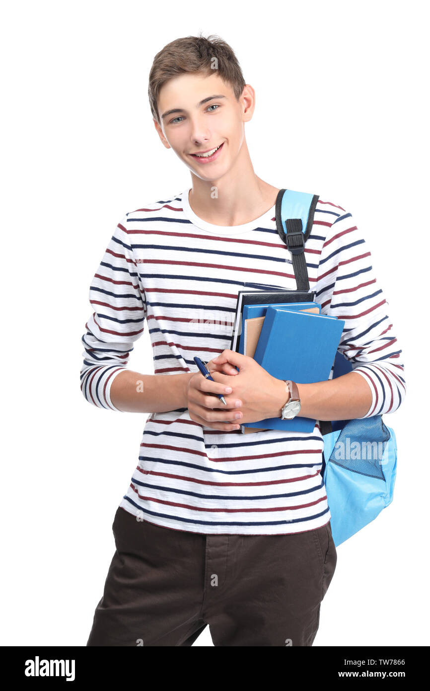 Student with books on white background Stock Photo - Alamy