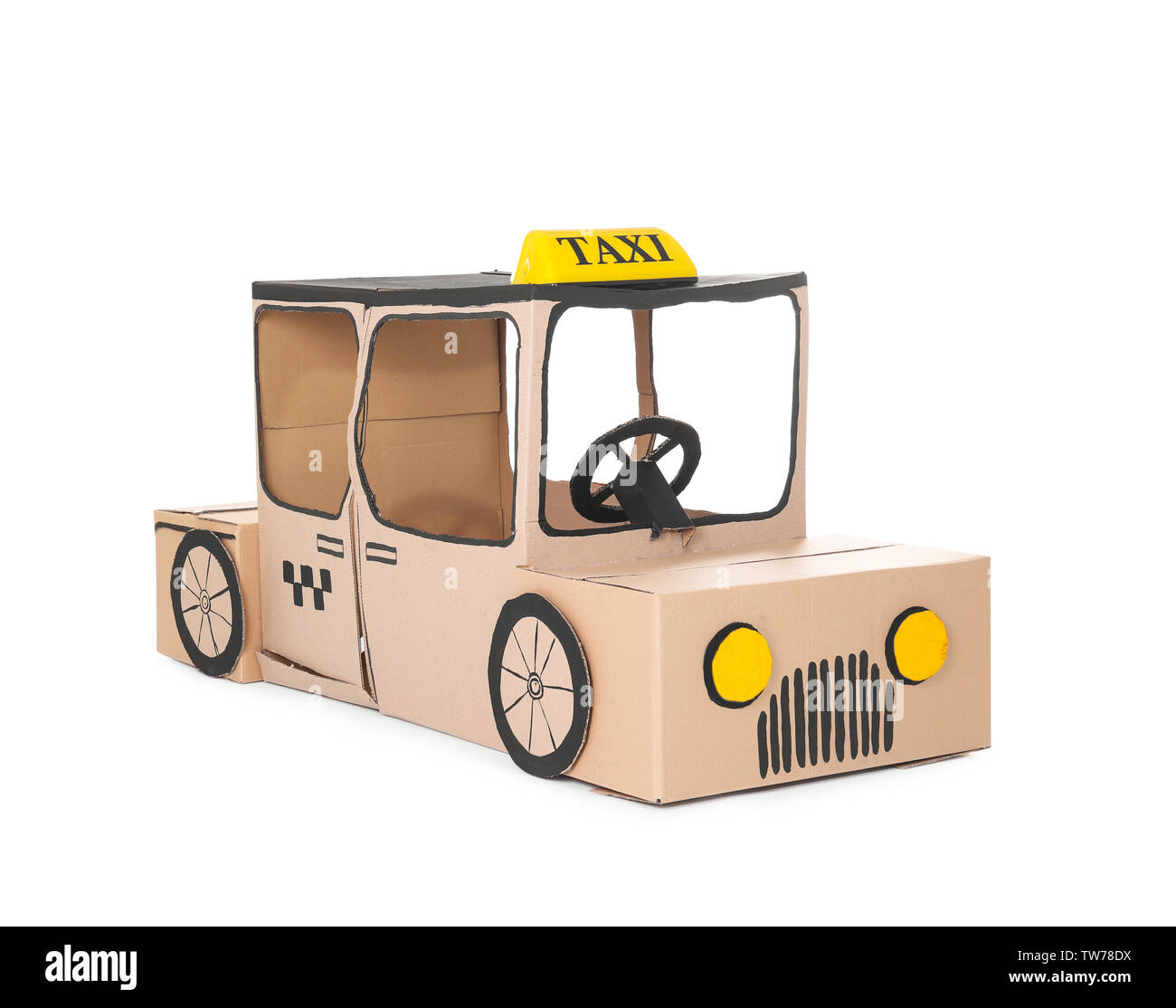 Cardboard taxi on white background Stock Photo - Alamy