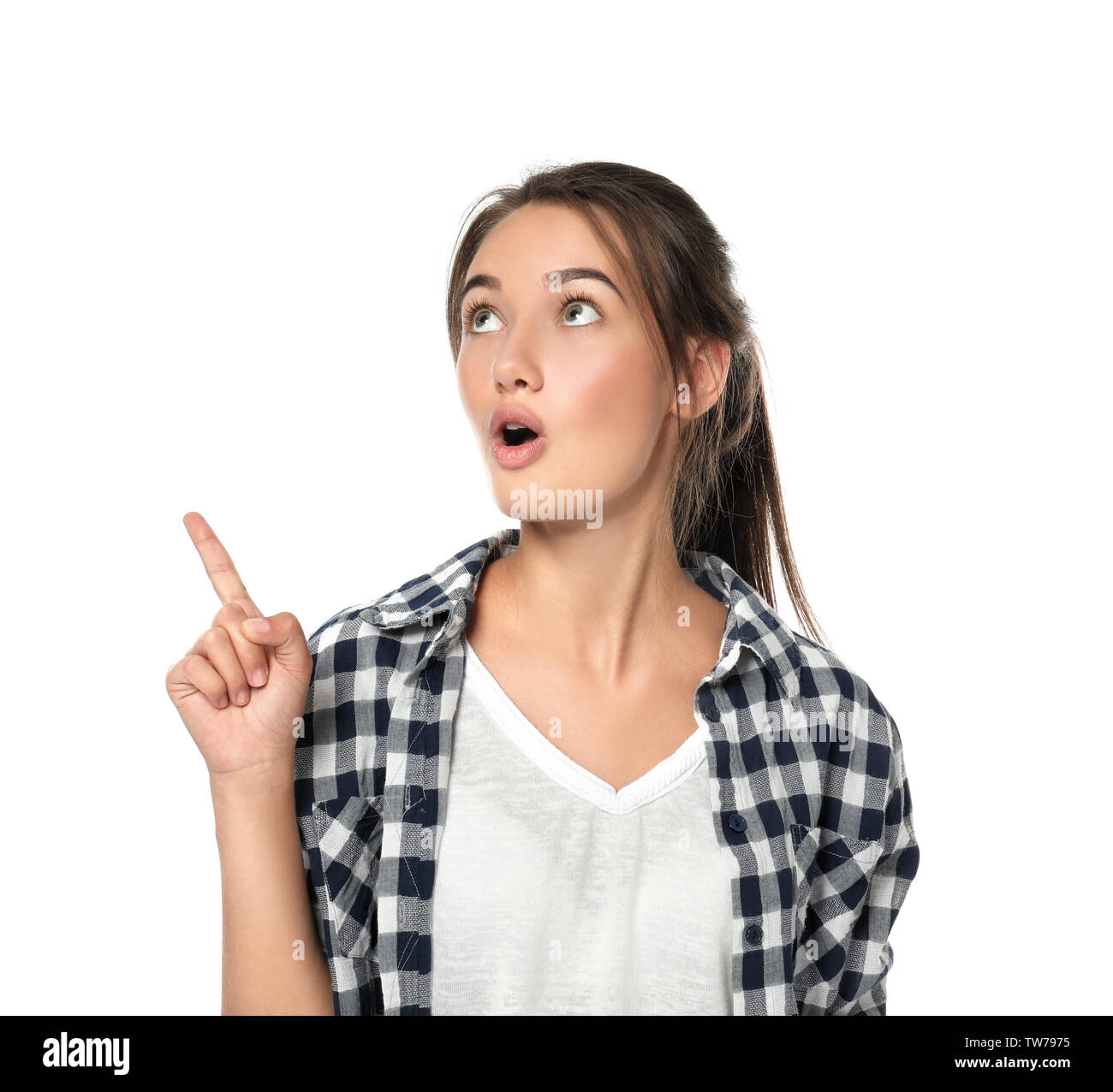 Cute teenager girl having good idea, on white background Stock Photo ...