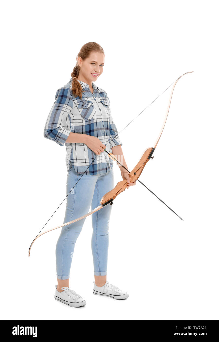 Young female archer with bow on white background Stock Photo - Alamy