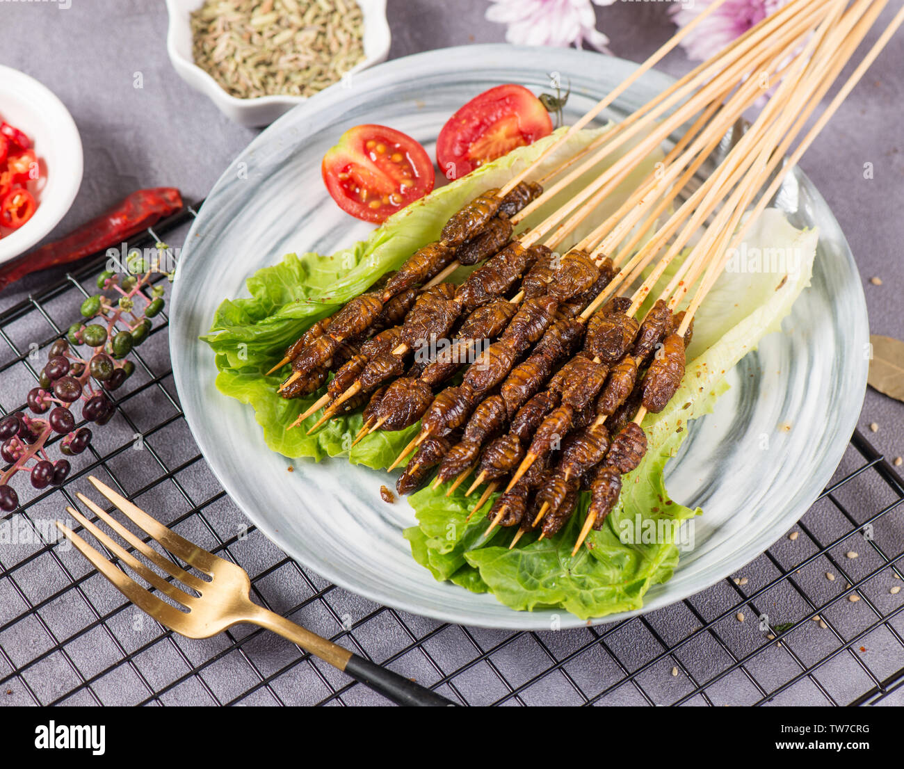 Iron plate barbecue lamb kebab, duck gizzard, lamb, pork beef Stock ...