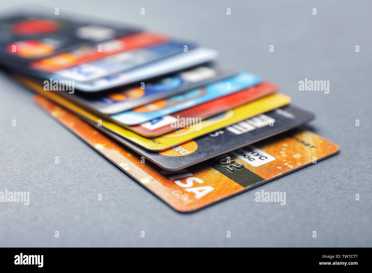 KIEV, UKRAINE - OCTOBER 2, 2017: Different Visa and MasterCard credit ...