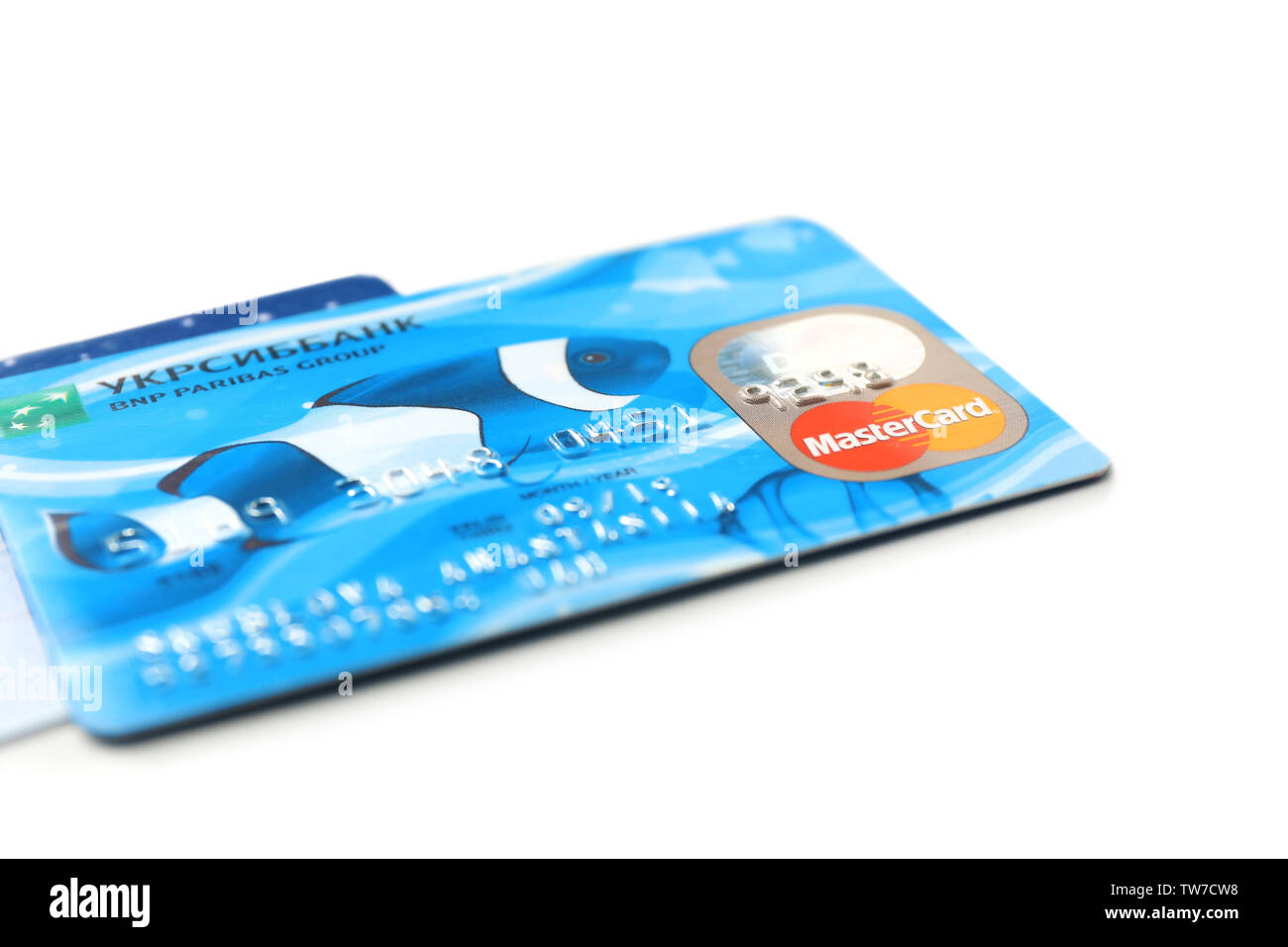 KIEV, UKRAINE - OCTOBER 2, 2017: Blue MasterCard credit card on light ...